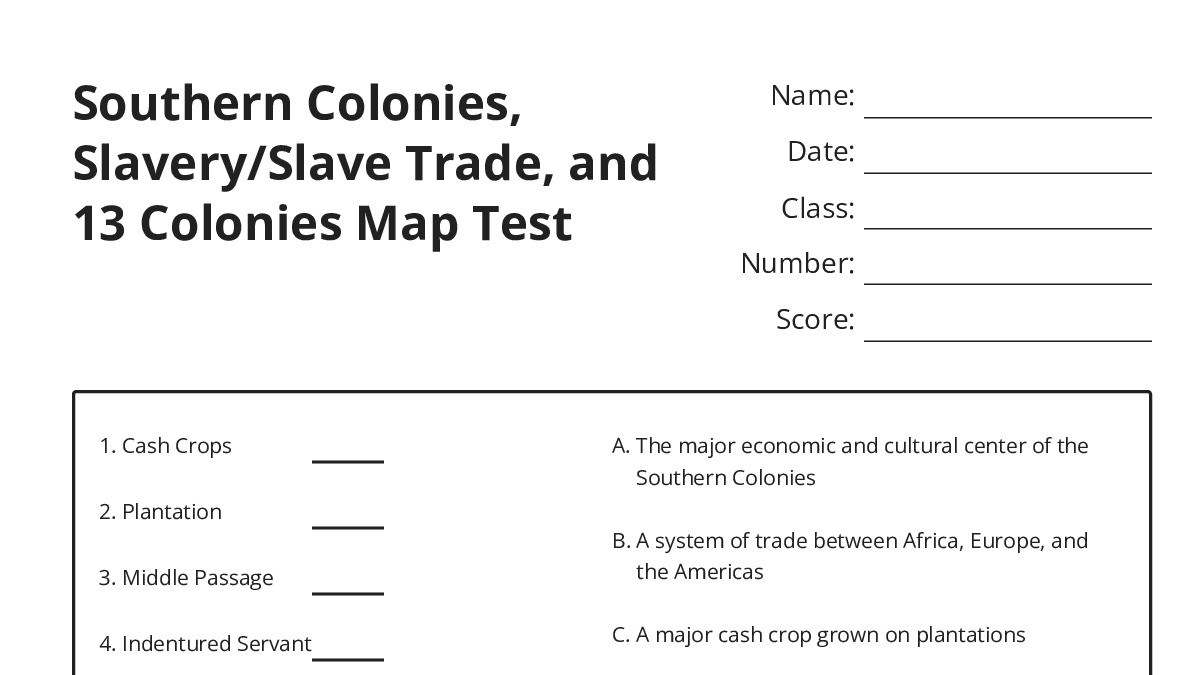 Southern Colonies, Slavery/Slave Trade, and 13 Colonies Map Test - My ...