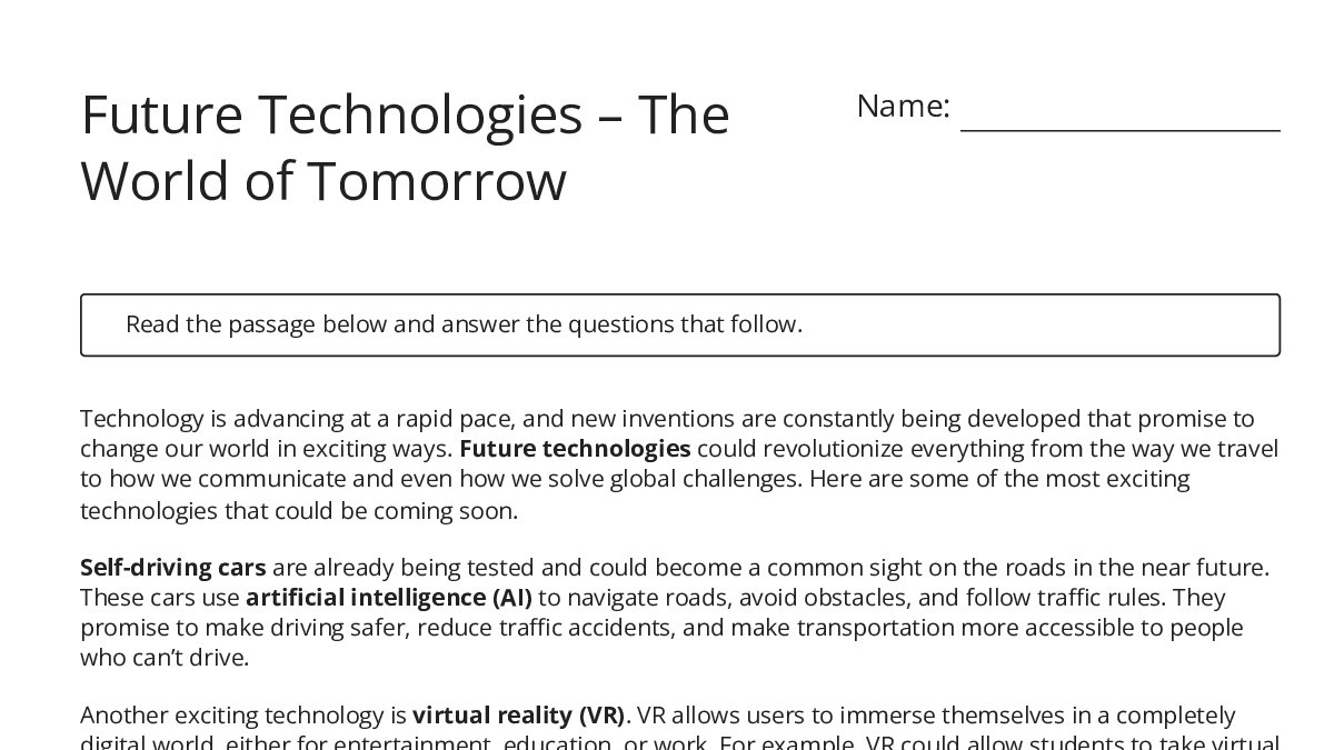 Future Technologies – The World of Tomorrow - My Worksheet Maker ...