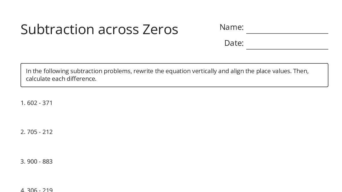 Subtraction across Zeros - My Worksheet Maker: Create Your Own Worksheets