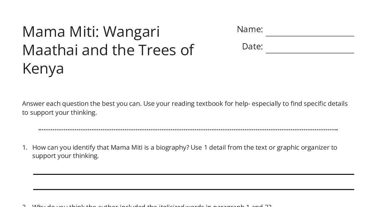 Mama Miti: Wangari Maathai and the Trees of Kenya - My Worksheet Maker ...