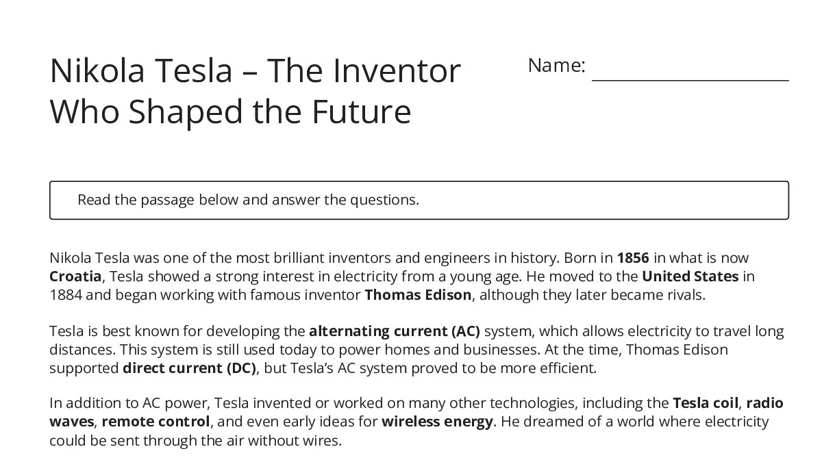 Nikola Tesla – The Inventor Who Shaped the Future - My Worksheet Maker ...