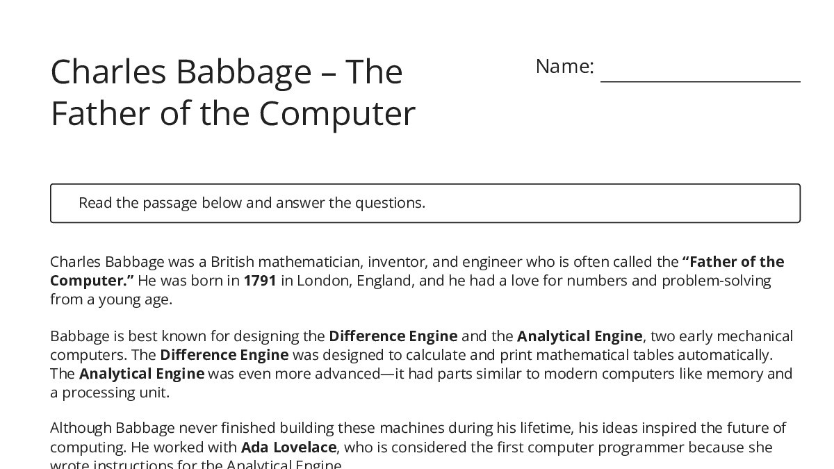 Charles Babbage – The Father of the Computer - My Worksheet Maker ...