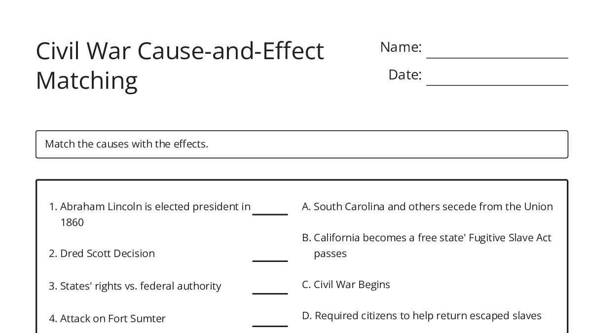 Civil War Cause-and-Effect Matching - My Worksheet Maker: Create Your ...