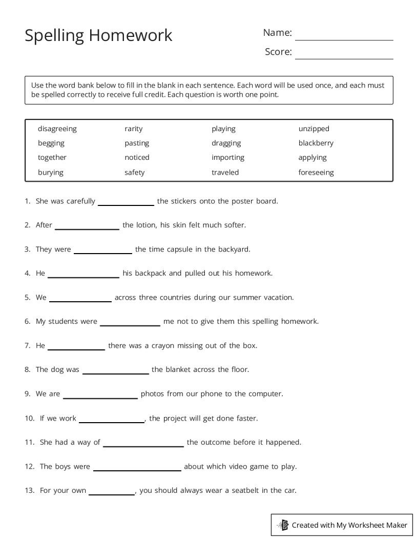 Spelling Homework - My Worksheet Maker: Create Your Own Worksheets