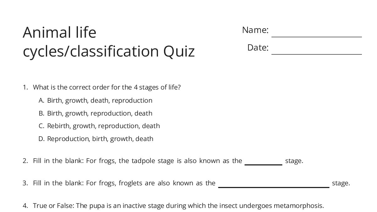 Animal life cycles/classification Quiz - My Worksheet Maker: Create ...