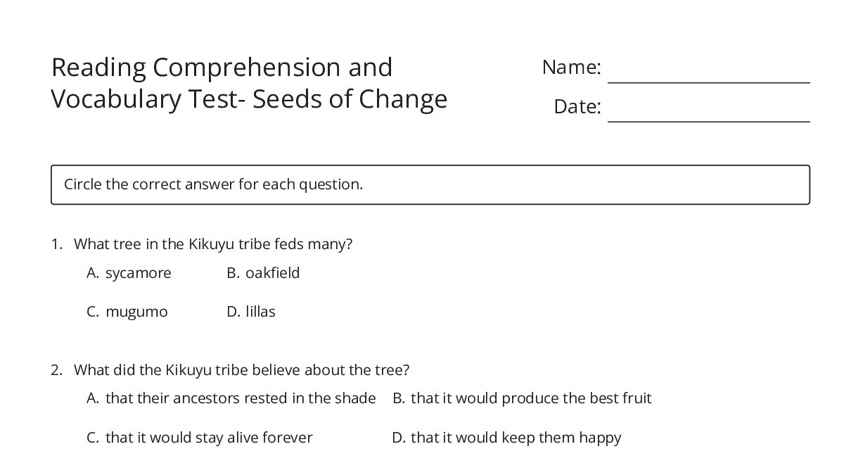 Reading Comprehension and Vocabulary Test- Seeds of Change - My ...