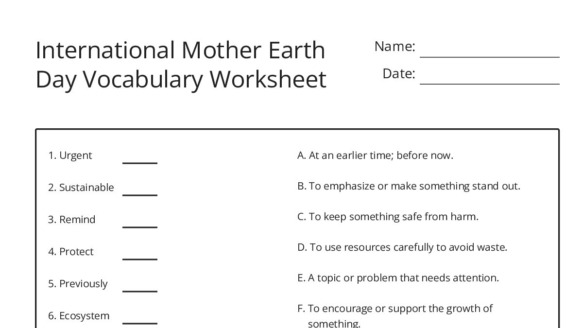 International Mother Earth Day Vocabulary Worksheet - My Worksheet ...