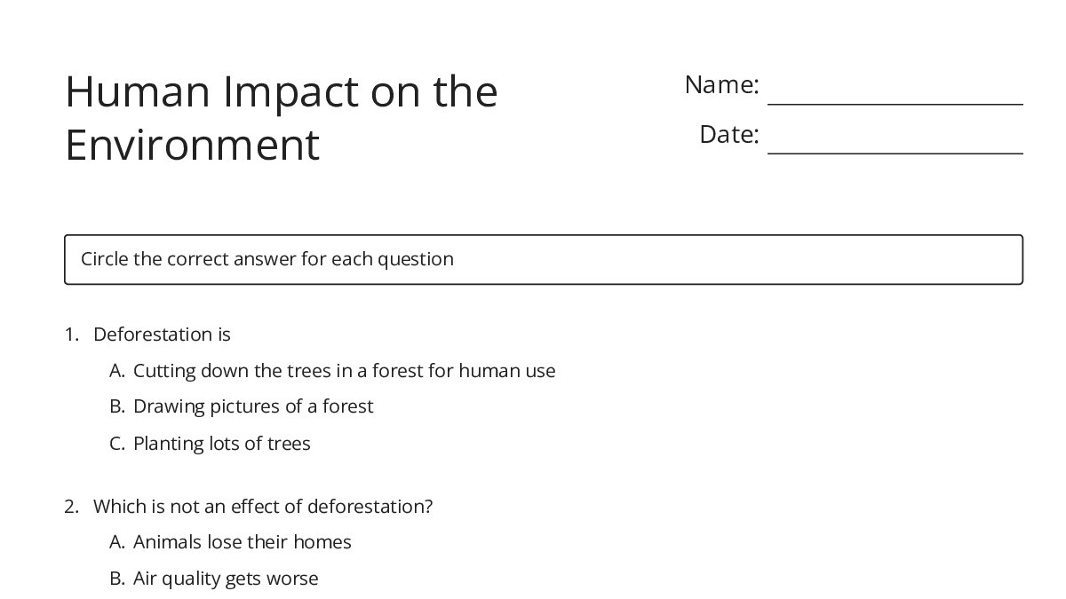 Human Impact on the Environment - My Worksheet Maker: Create Your Own ...