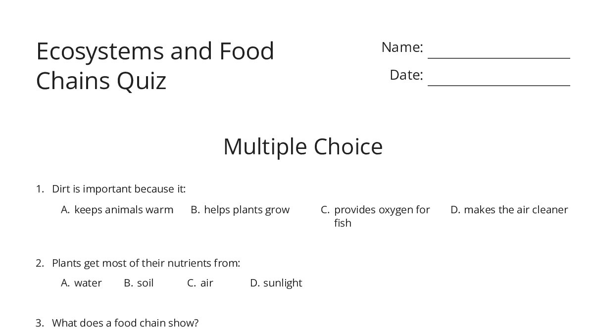 Ecosystems and Food Chains Quiz - My Worksheet Maker: Create Your Own ...