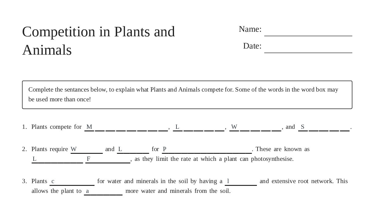 Competition in Plants and Animals - My Worksheet Maker: Create Your Own ...