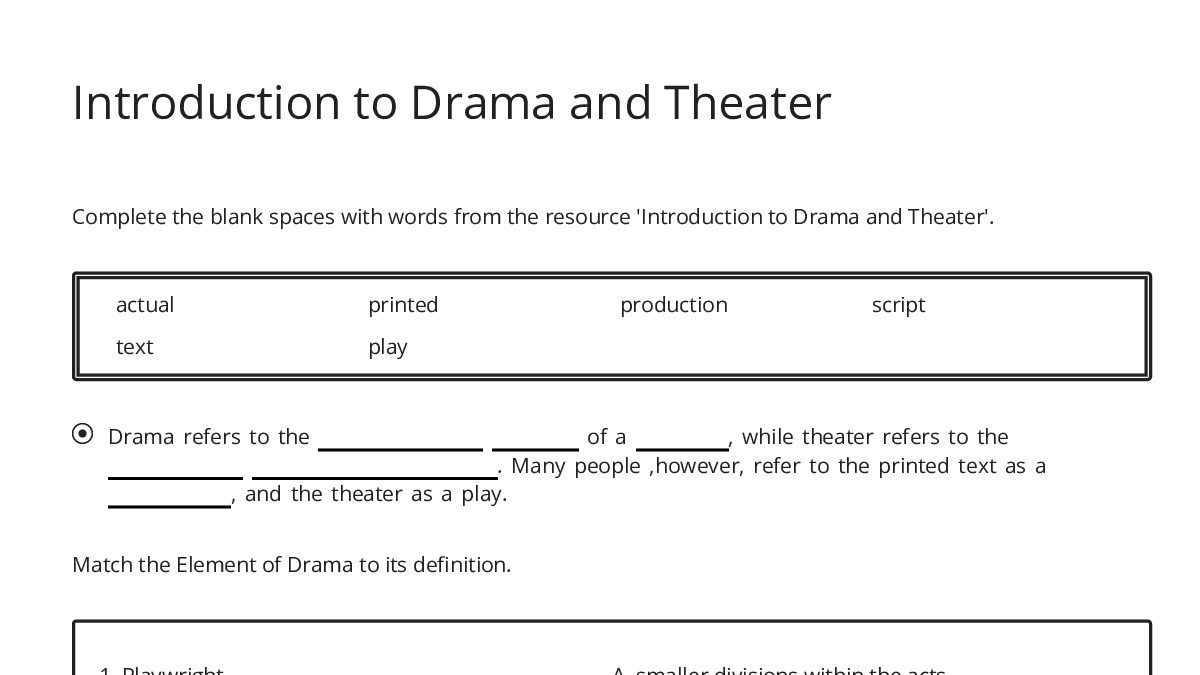 Introduction to Drama and Theater - My Worksheet Maker: Create Your Own ...