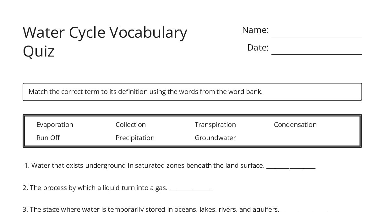 Water Cycle Vocabulary Quiz - My Worksheet Maker: Create Your Own ...