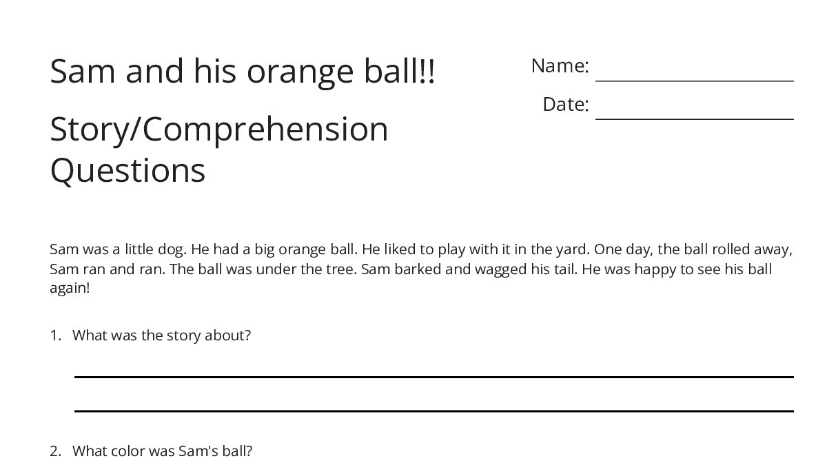 Sam and his orange ball!! Story/Comprehension Questions - My Worksheet ...