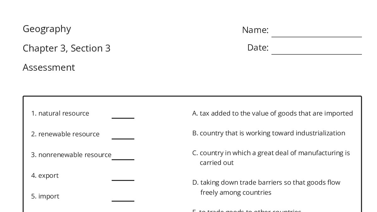 Geography Chapter 3, Section 3 Assessment - My Worksheet Maker: Create ...