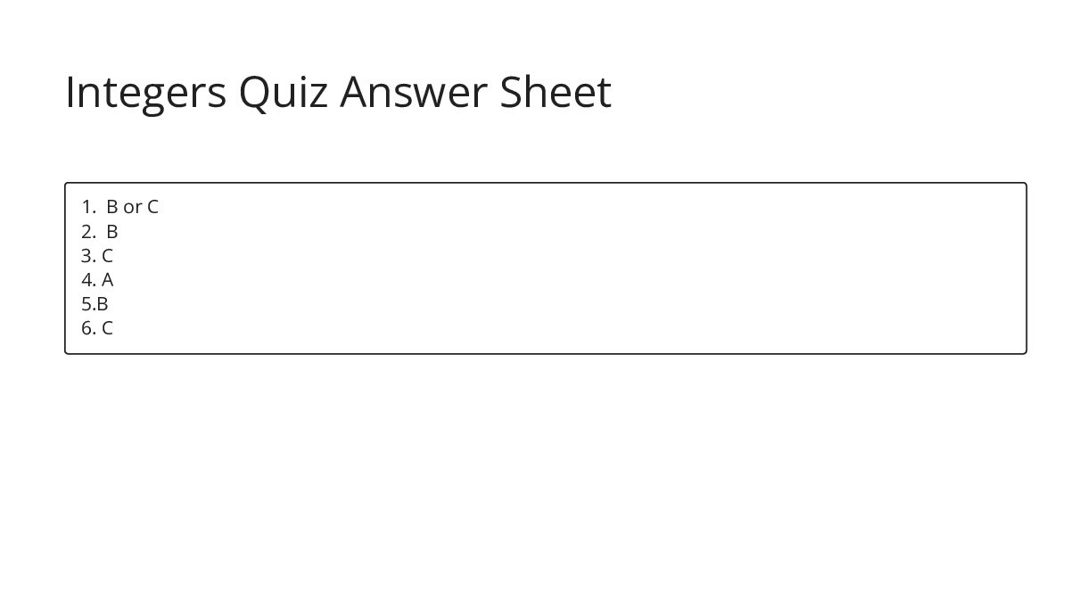 Integers Quiz Answer Sheet - My Worksheet Maker: Create Your Own Worksheets