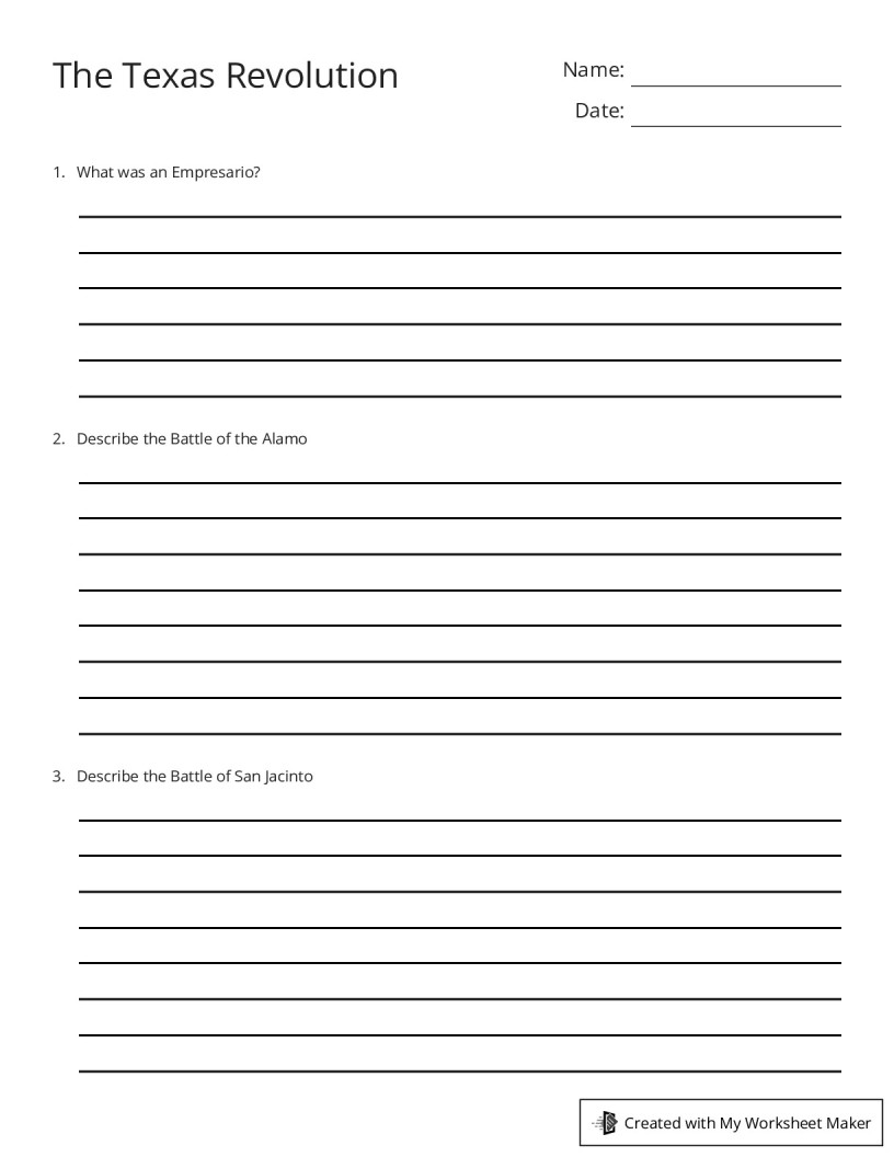 The Texas Revolution - My Worksheet Maker: Create Your Own Worksheets