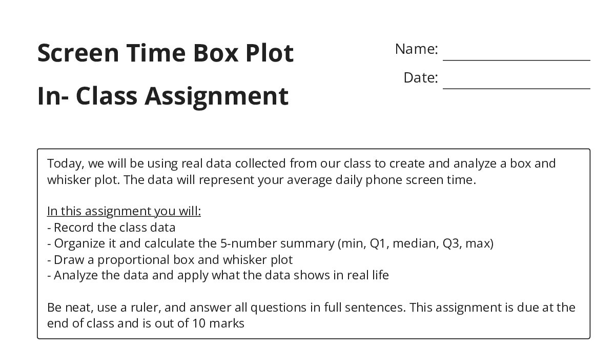 Screen Time Box Plot In- Class Assignment - My Worksheet Maker: Create ...