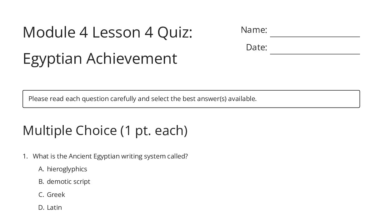 Module 4 Lesson 4 Quiz: Egyptian Achievement - My Worksheet Maker ...