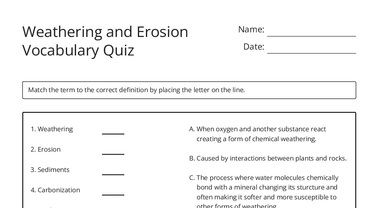Weathering and Erosion Vocabulary Quiz - My Worksheet Maker: Create ...
