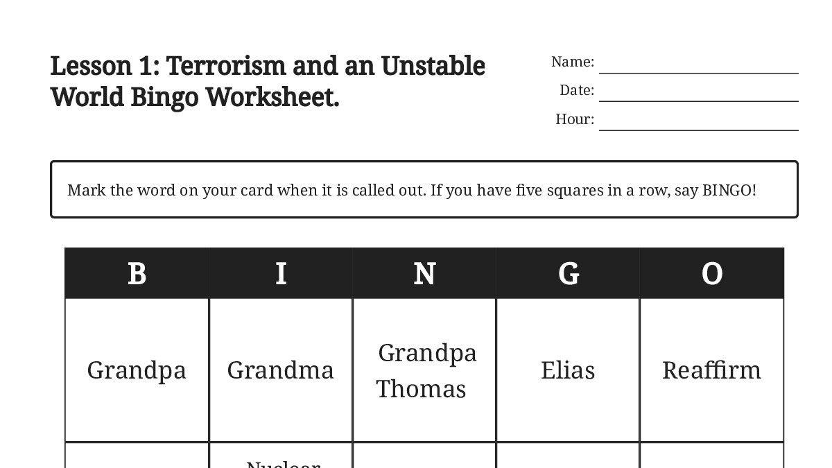 Lesson 1: Terrorism and an Unstable World Bingo Worksheet. - My Bingo ...
