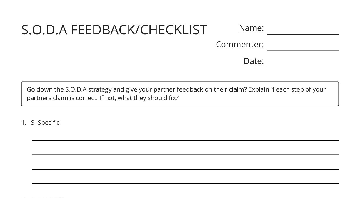 S.O.D.A FEEDBACK/CHECKLIST - My Worksheet Maker: Create Your Own Worksheets