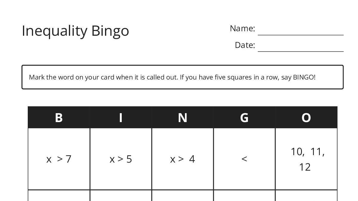 Inequality Bingo - My Bingo Maker: Create Your Own Bingo Cards