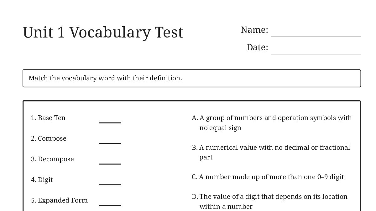 Unit 1 Vocabulary Test - My Worksheet Maker: Create Your Own Worksheets