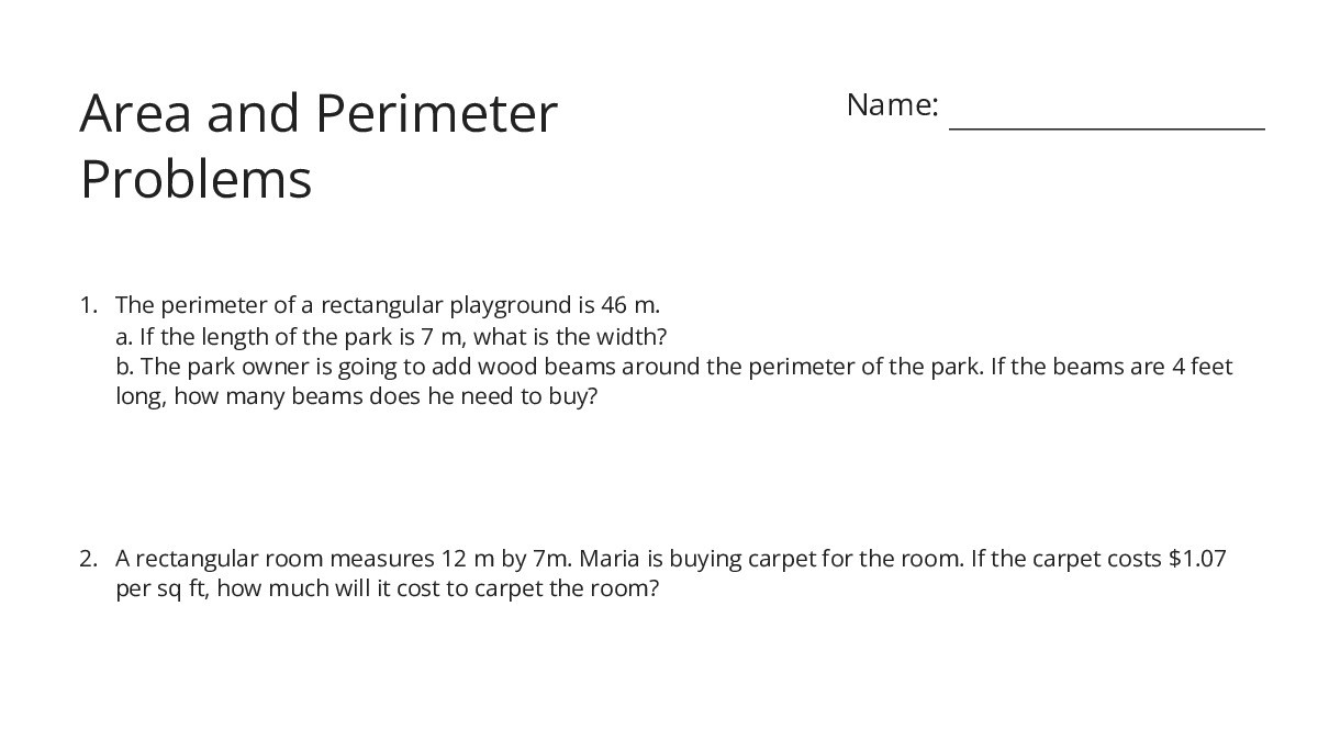 Area and Perimeter Problems - My Worksheet Maker: Create Your Own ...