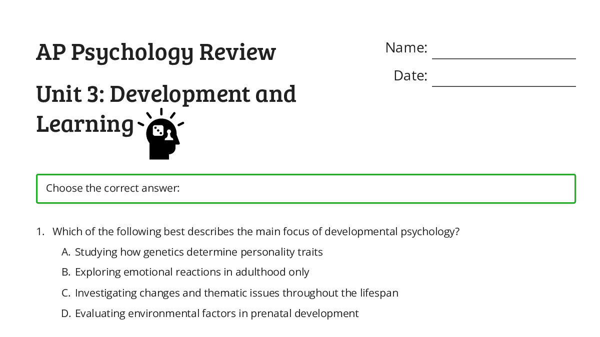 AP Psychology Review Unit 3: Development and Learning - My Worksheet ...