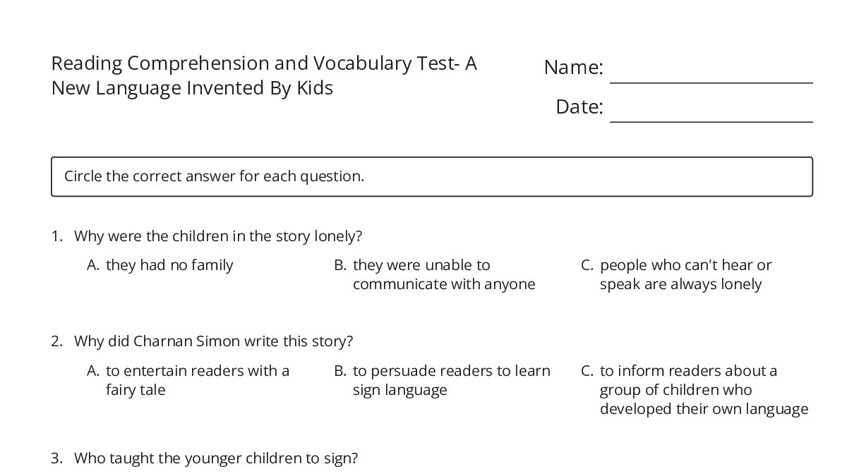 Reading Comprehension and Vocabulary Test- A New Language Invented By ...