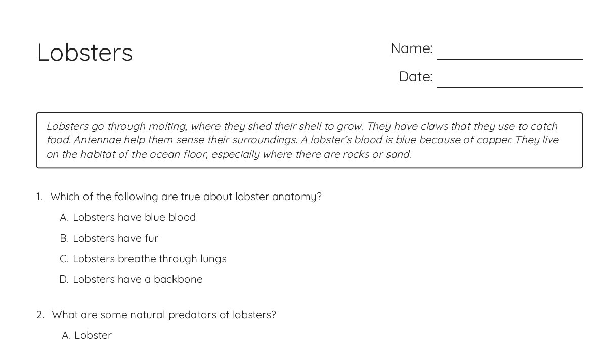 Lobsters - My Worksheet Maker: Create Your Own Worksheets
