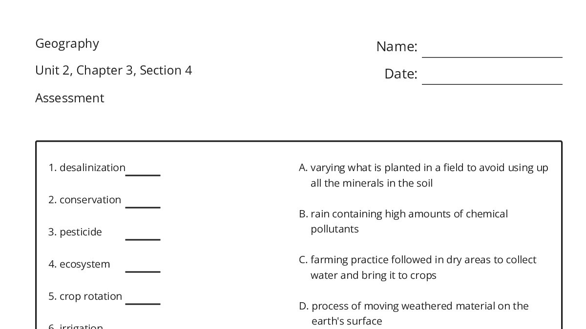 Geography Unit 2, Chapter 3, Section 4 Assessment - My Worksheet Maker ...
