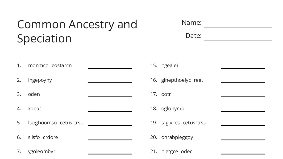 Common Ancestry and Speciation - My Worksheet Maker: Create Your Own ...