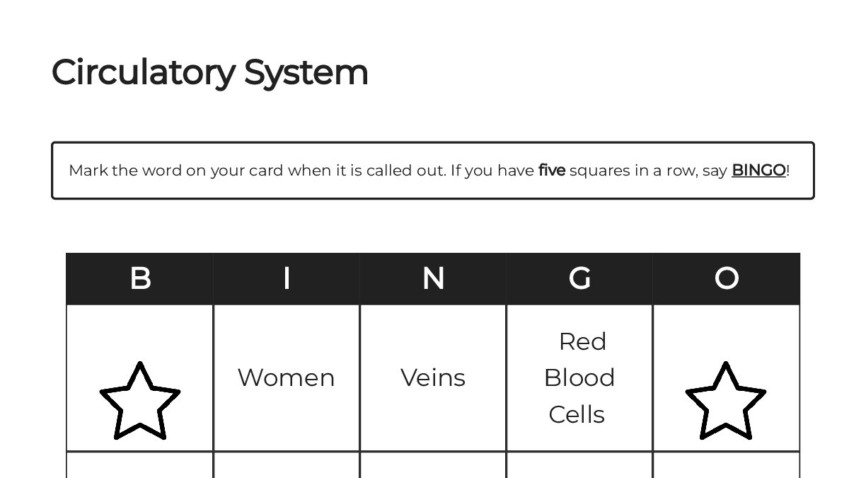 Circulatory System - My Bingo Maker: Create Your Own Bingo Cards
