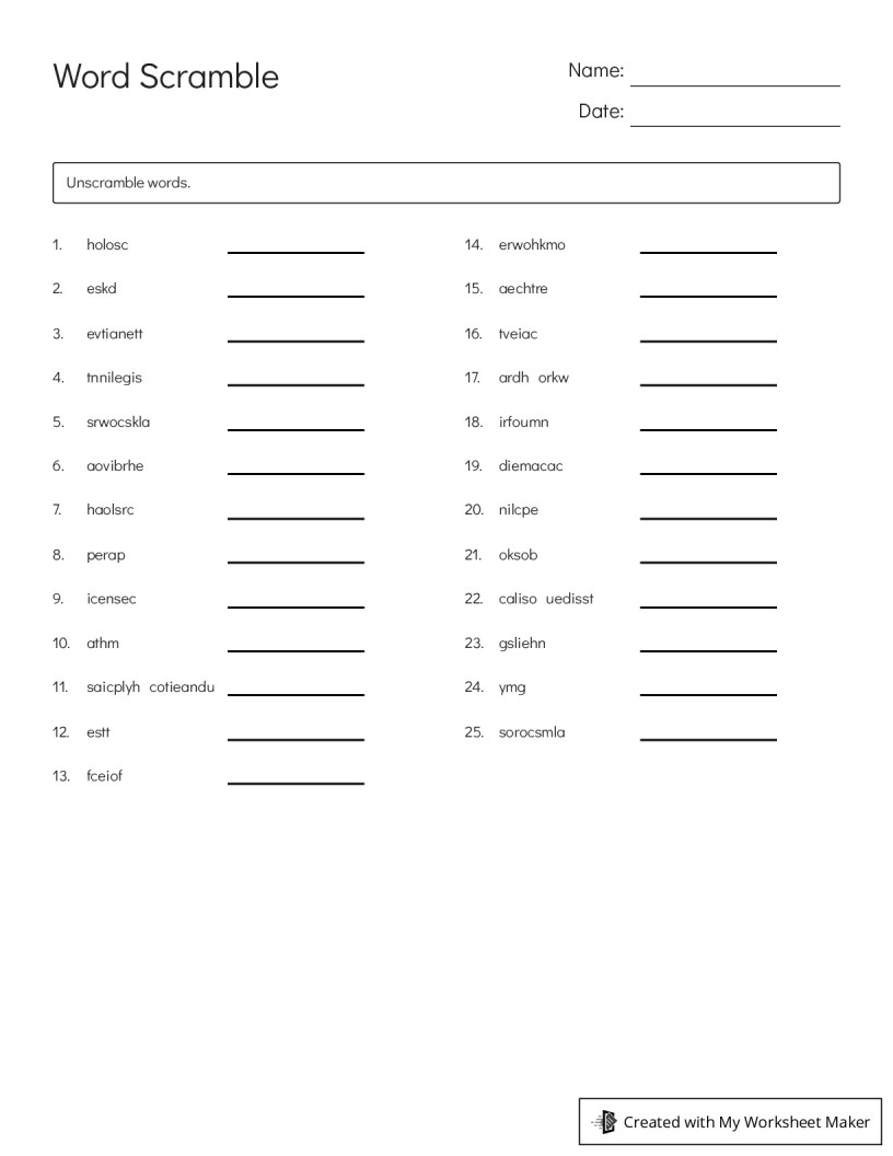 Word Scramble - My Worksheet Maker: Create Your Own Worksheets