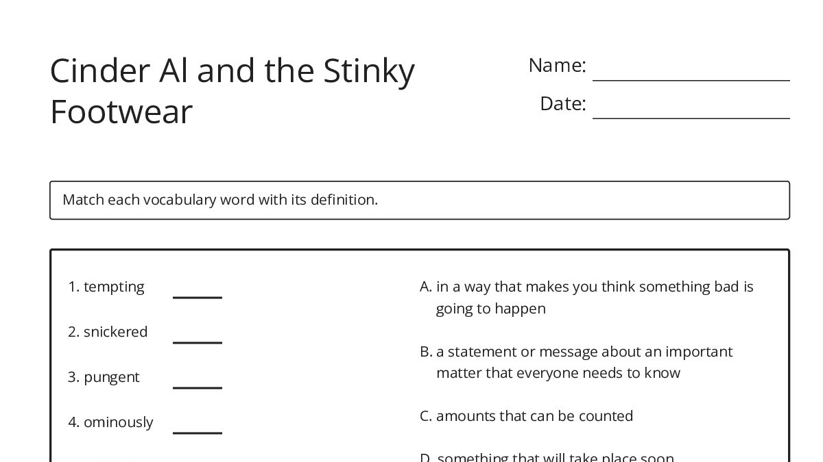 Cinder Al and the Stinky Footwear - My Worksheet Maker: Create Your Own ...
