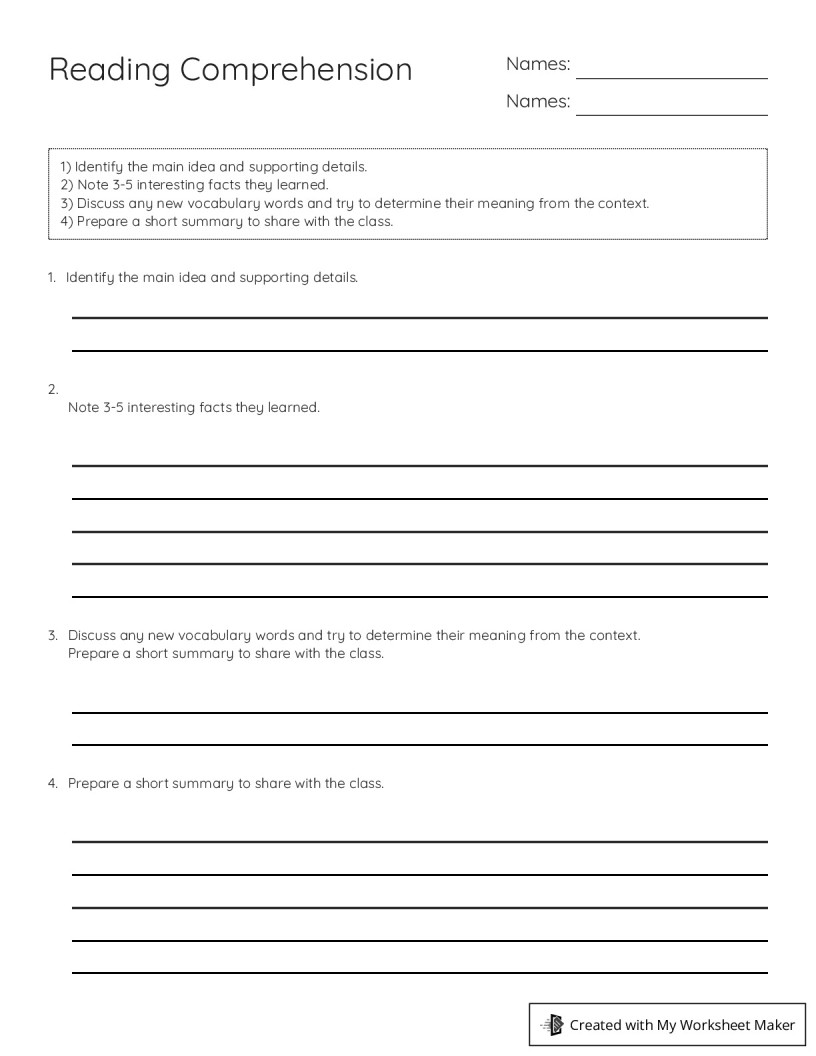 Reading Comprehension - My Worksheet Maker: Create Your Own Worksheets