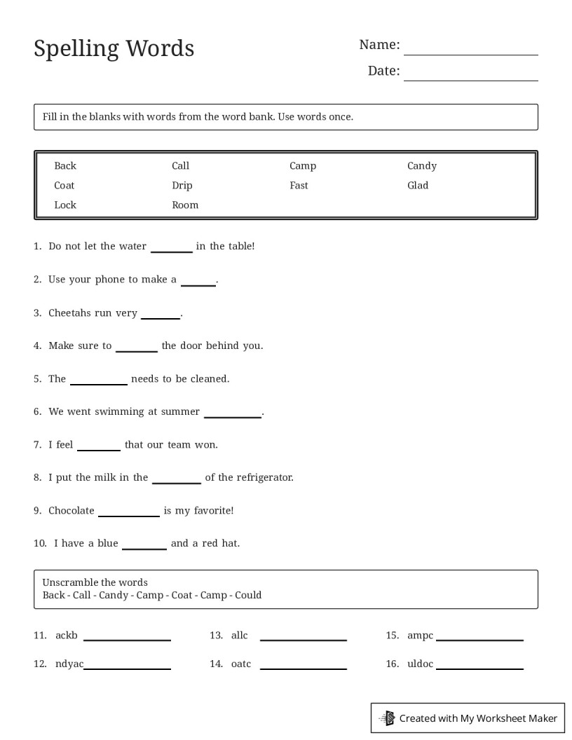 Spelling Words - My Worksheet Maker: Create Your Own Worksheets