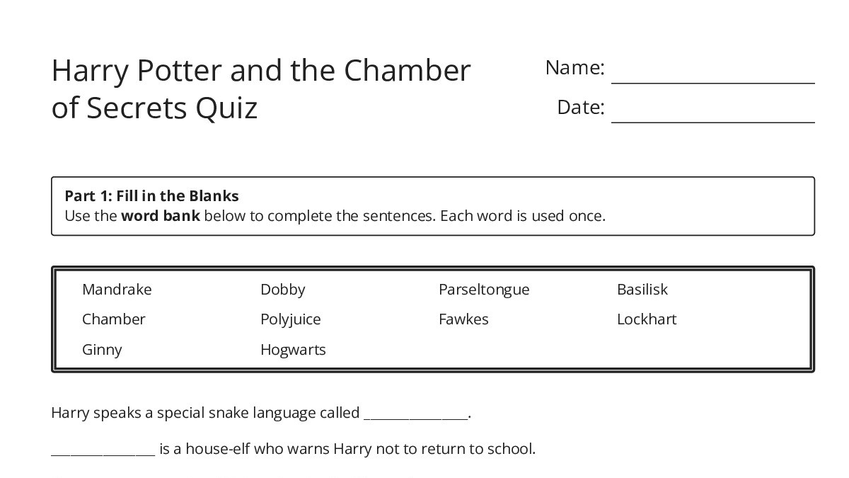 Harry Potter and the Chamber of Secrets Quiz - My Worksheet Maker ...
