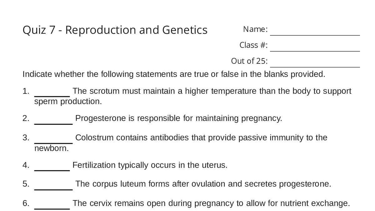 Quiz 7 - Reproduction and Genetics - My Worksheet Maker: Create Your ...