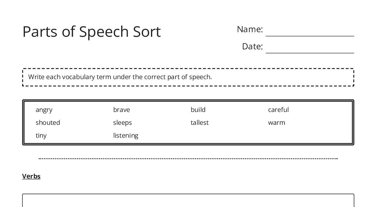 Parts of Speech Sort - My Worksheet Maker: Create Your Own Worksheets