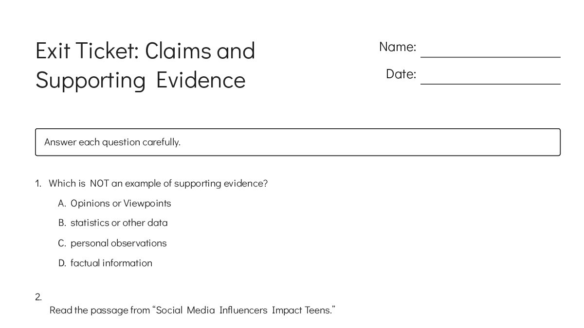 Exit Ticket: Claims and Supporting Evidence - My Worksheet Maker ...