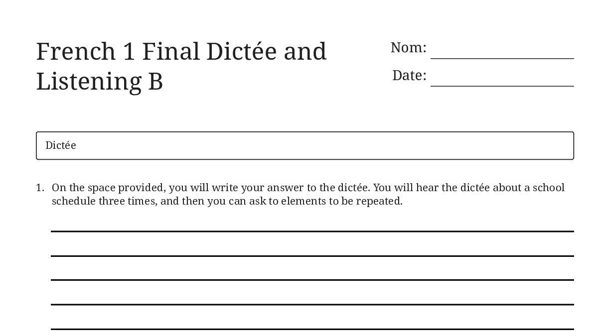 French 1 Final Dictée and Listening B - My Worksheet Maker: Create Your ...