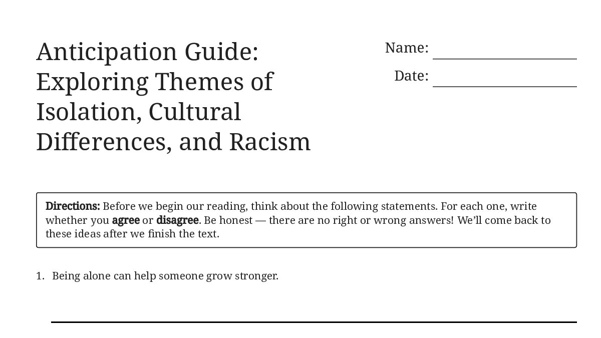 Anticipation Guide: Exploring Themes of Isolation, Cultural Differences ...