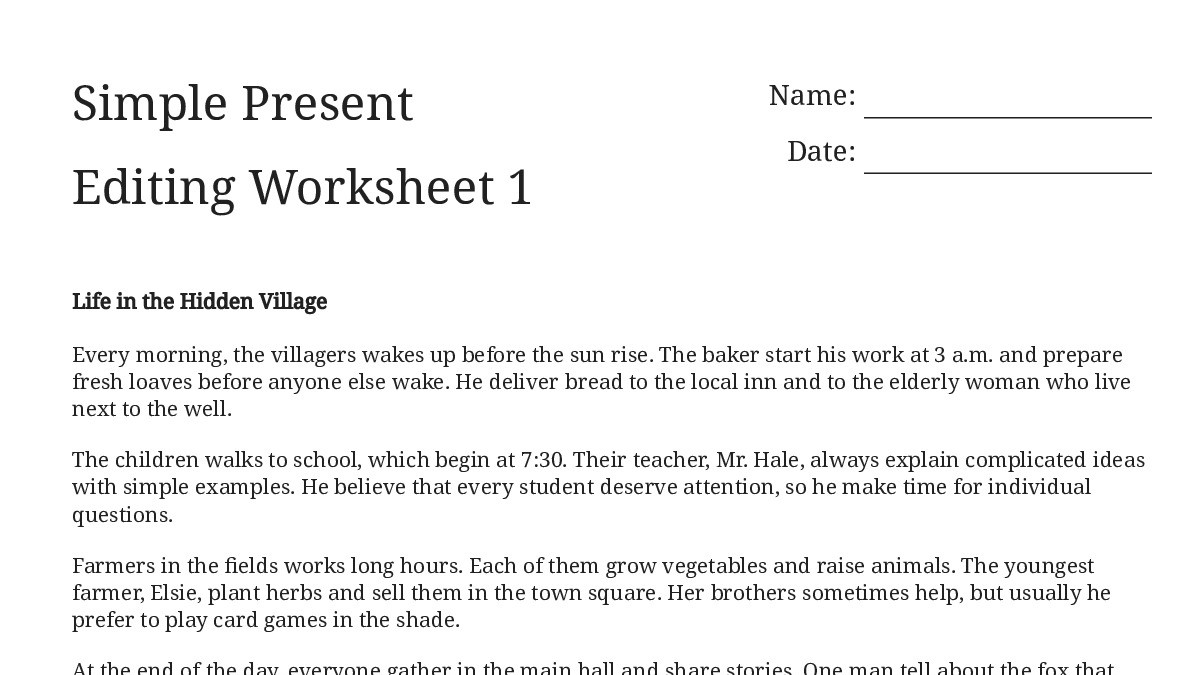 Simple Present Editing Worksheet 1 - My Worksheet Maker: Create Your Own Worksheets