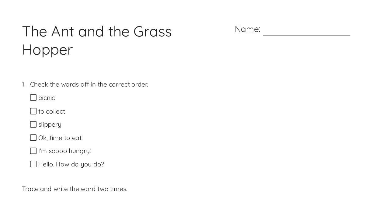 The Ant and the Grass Hopper - My Worksheet Maker: Create Your Own ...