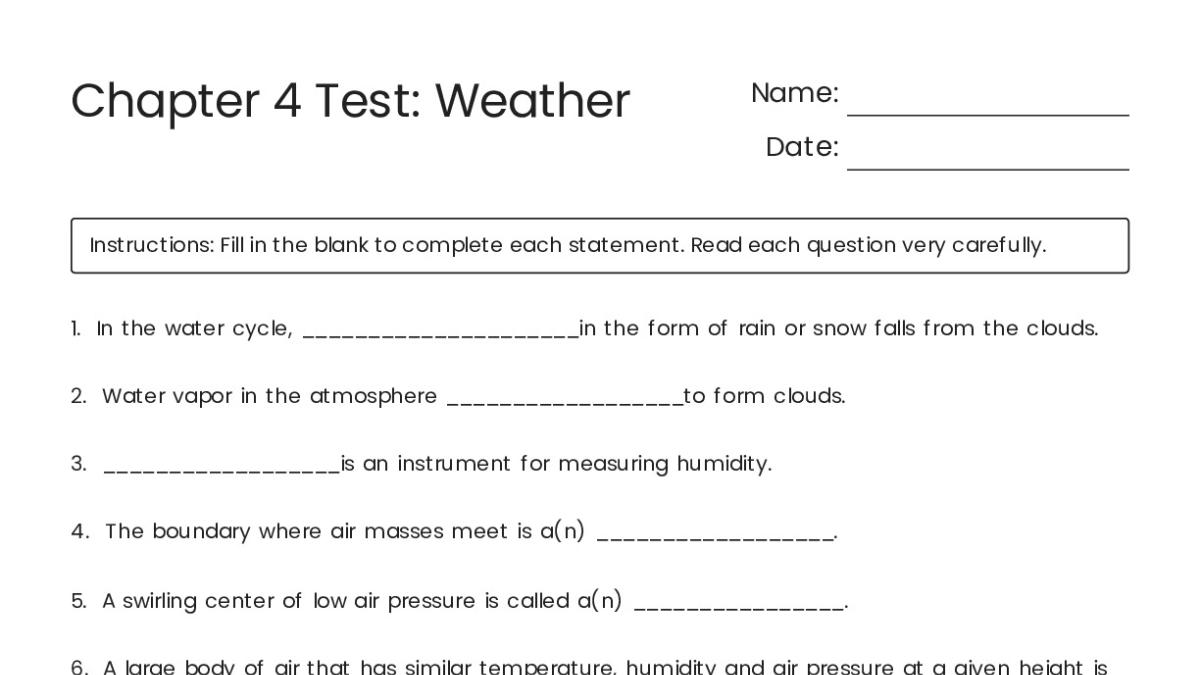 Chapter 4 Test: Weather - My Worksheet Maker: Create Your Own Worksheets