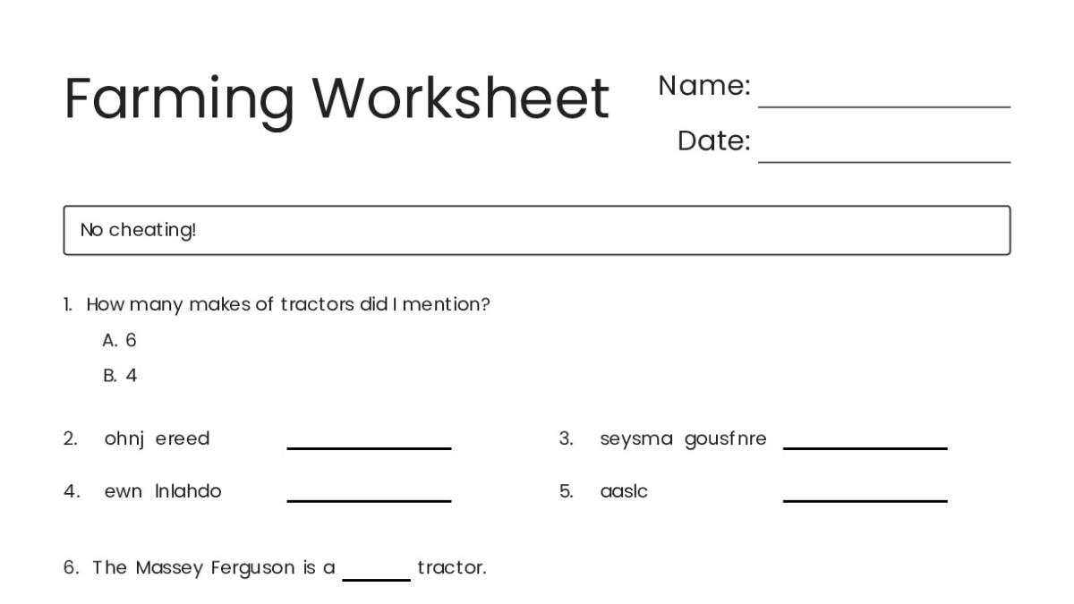 Farming Worksheet - My Worksheet Maker: Create Your Own Worksheets
