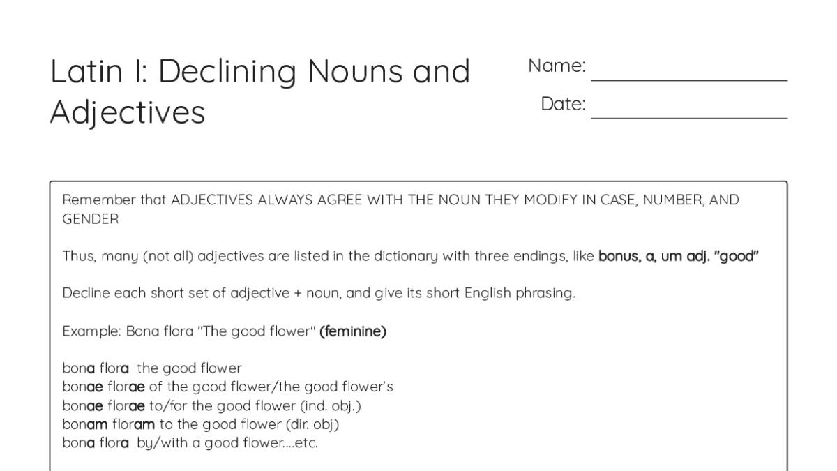 Latin I: Declining Nouns and Adjectives - My Worksheet Maker: Create ...