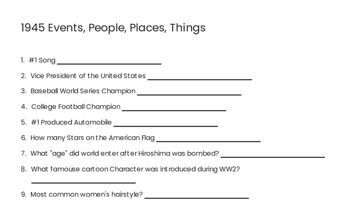 1945 Events, People, Places, Things - My Worksheet Maker: Create Your ...